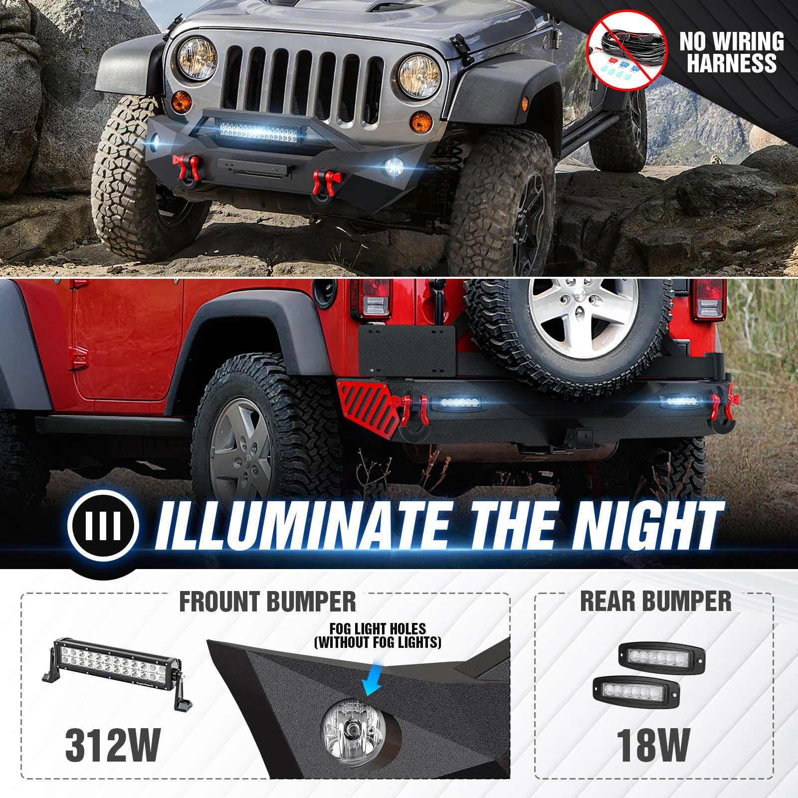 OBNAUX Front & Rear Bumpers w/Tire Carrier for 2007-2018 Jeep Wrangler JK JKU Unlimited w/Winch Plate, License Plate Bracket, Paintable Armor, OE Fog Light Holes, Hitch Receiver & D-rings