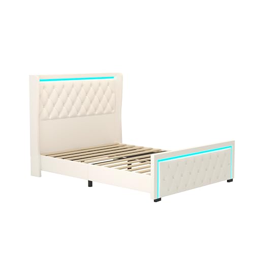 DNYN Upholstered Velvet Queen Size Platform Bed with High Headboard & LED Light Design,Solid Wood Bedframe w/Deep Tufted Buttons & Wide Wingbacks,Perfect for Bedroom,Guest Room, Beige