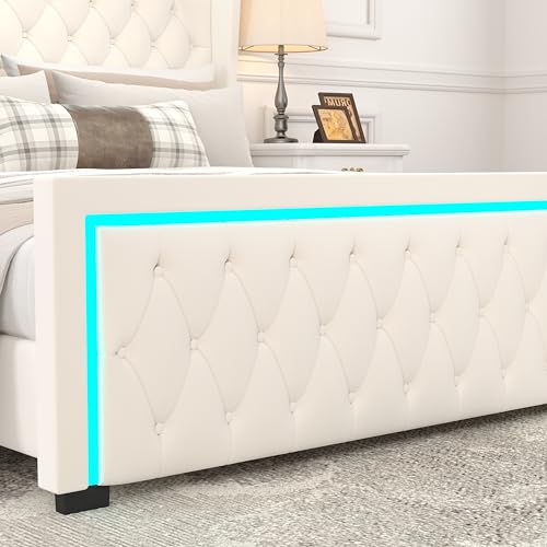 DNYN Upholstered Velvet Queen Size Platform Bed with High Headboard & LED Light Design,Solid Wood Bedframe w/Deep Tufted Buttons & Wide Wingbacks,Perfect for Bedroom,Guest Room, Beige