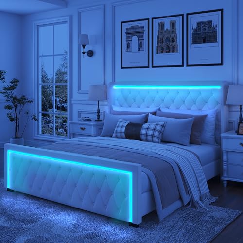 DNYN Upholstered Velvet Queen Size Platform Bed with High Headboard & LED Light Design,Solid Wood Bedframe w/Deep Tufted Buttons & Wide Wingbacks,Perfect for Bedroom,Guest Room, Beige