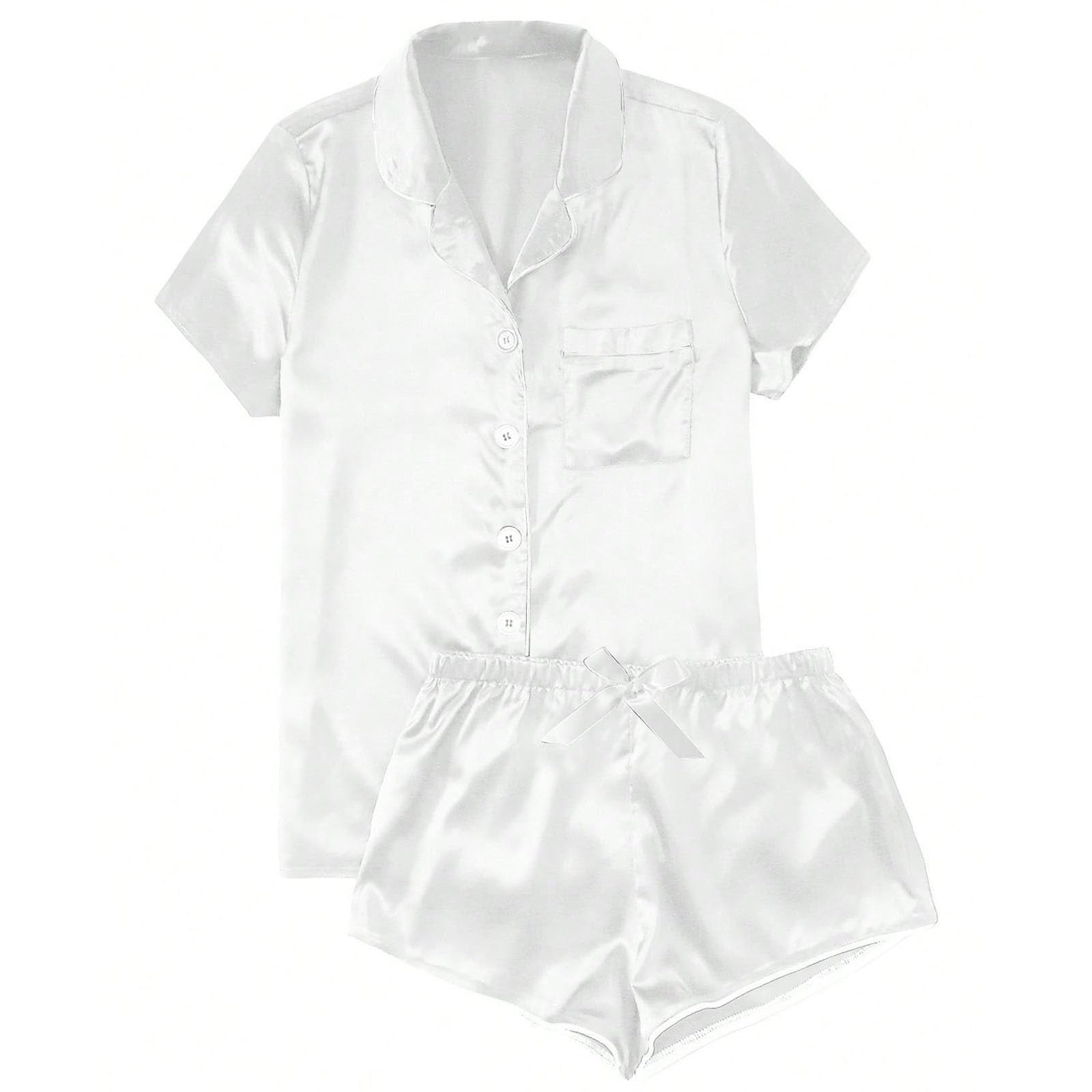 Womens 2 Piece Satin Pajama Sets Short Sleeve Button Down Shirt and Shorts Silk Sleepwear Solid Color Loungewear