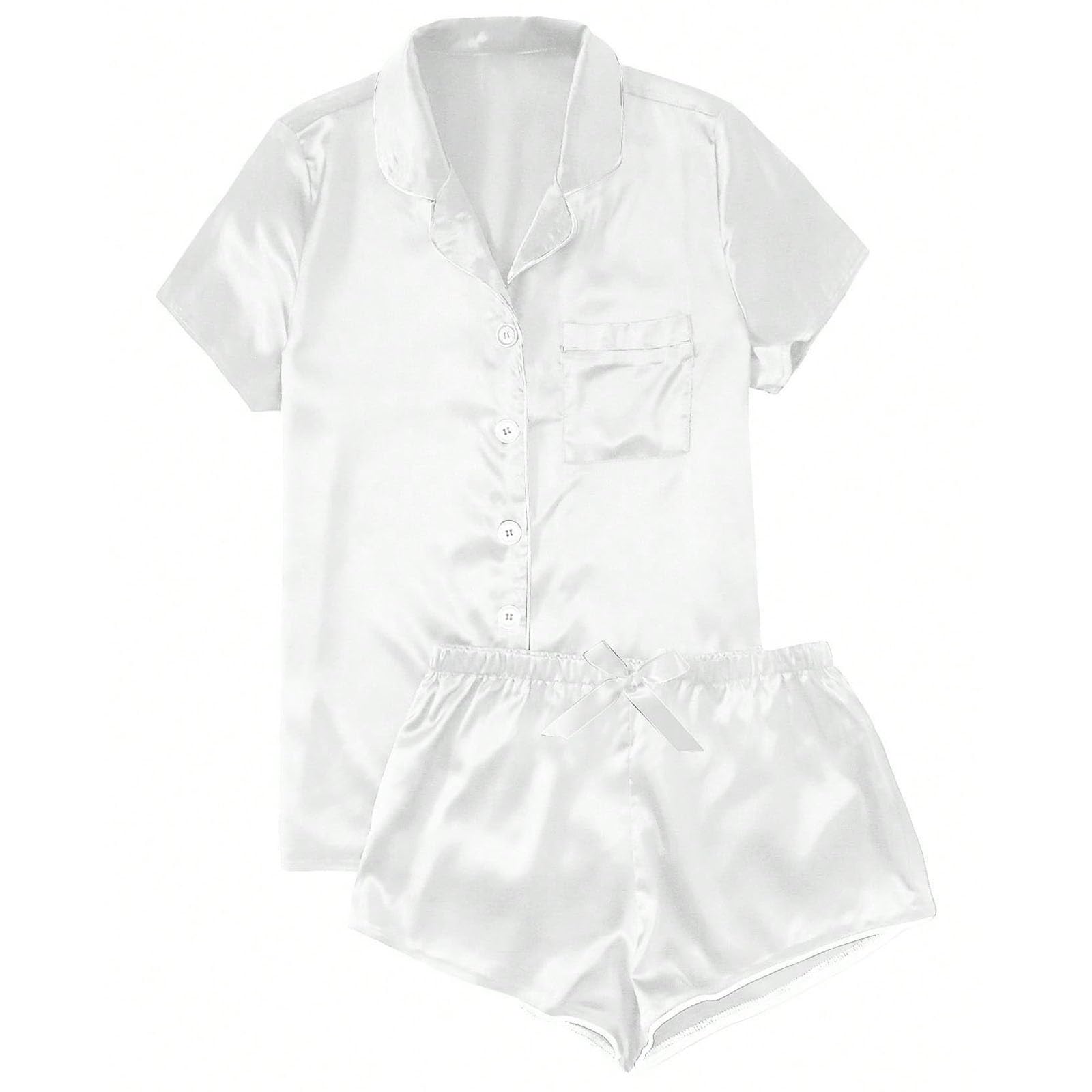 Womens 2 Piece Satin Pajama Sets Short Sleeve Button Down Shirt and Shorts Silk Sleepwear Solid Color Loungewear