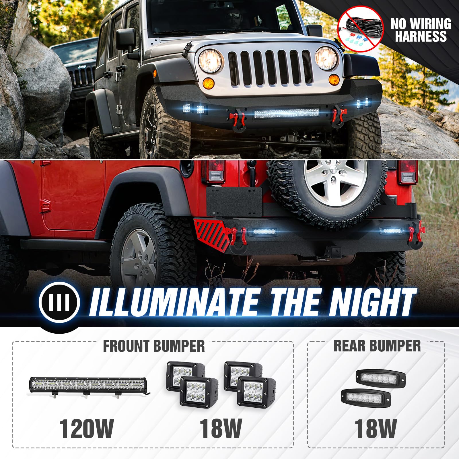 OBNAUX Full Width Front & Rear Bumper w/Spare Tire Carrier Compatible with 2007-2018 Jeep Wrangler JK JKU Unlimited (2/4 Doors) Equipped with Paintable Armor, 2" Hitch Receiver & D-rings