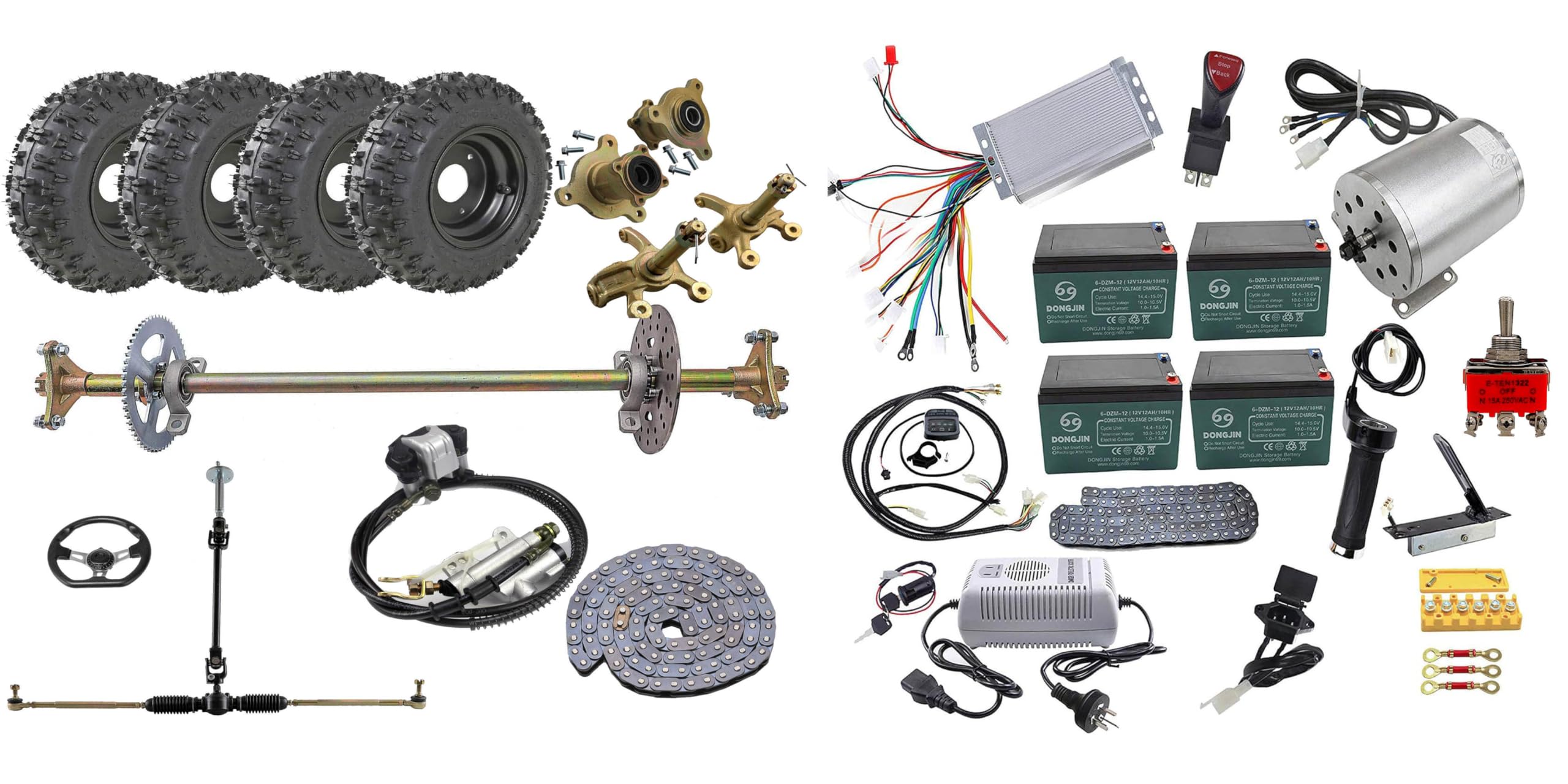YC Yier 29" Go Kart Rear Axle Kit +Front End Steering Shaft Assembly+ Brake + 4.10-6" Wheels Tires +48V 1800W Brushless Electric Motor Kit + Battery for Go Kart ATV Quad Buggy Drift Trike 4 Wheeler