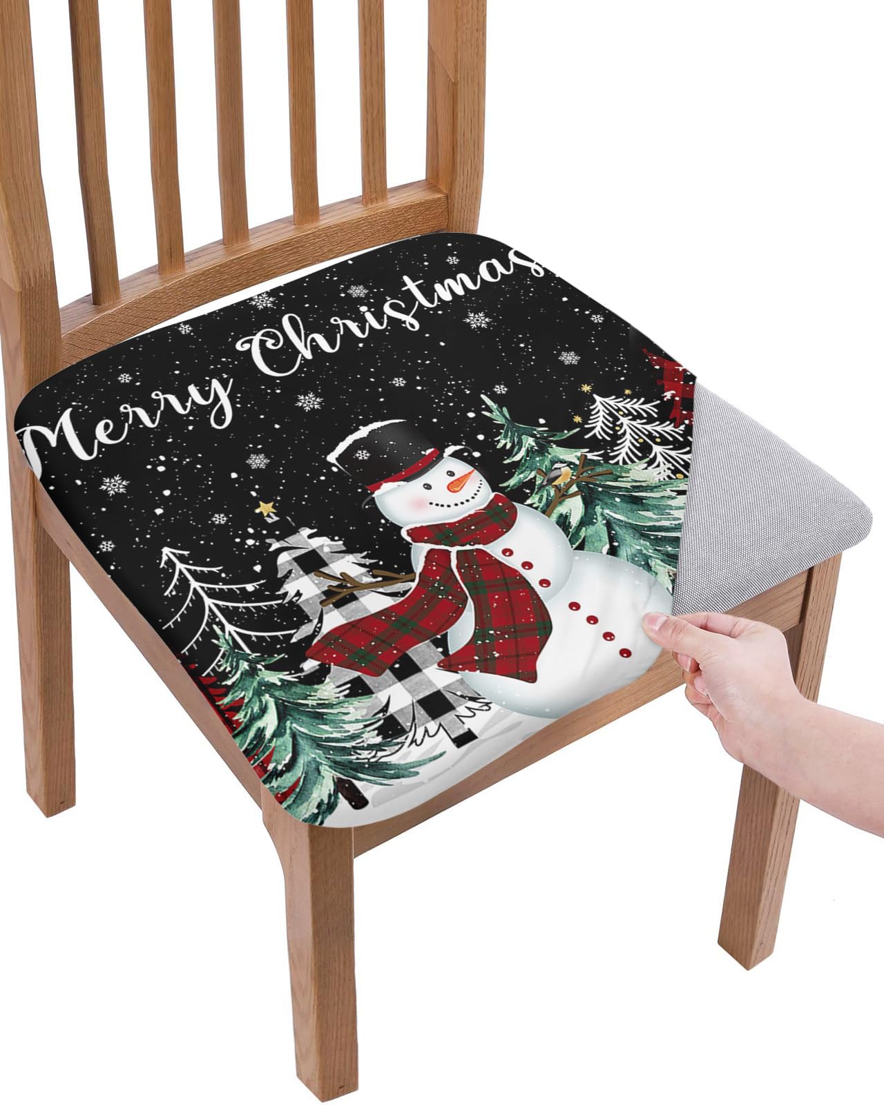 ZOE GARDEN Christmas Snowman Chair Seat Covers for Dining Room Stretch Chair Seat Covers Set of 2, Chair Seat Protector Cushion Slipcovers for Kitchen Restaurant Office Winter Snowflake Black