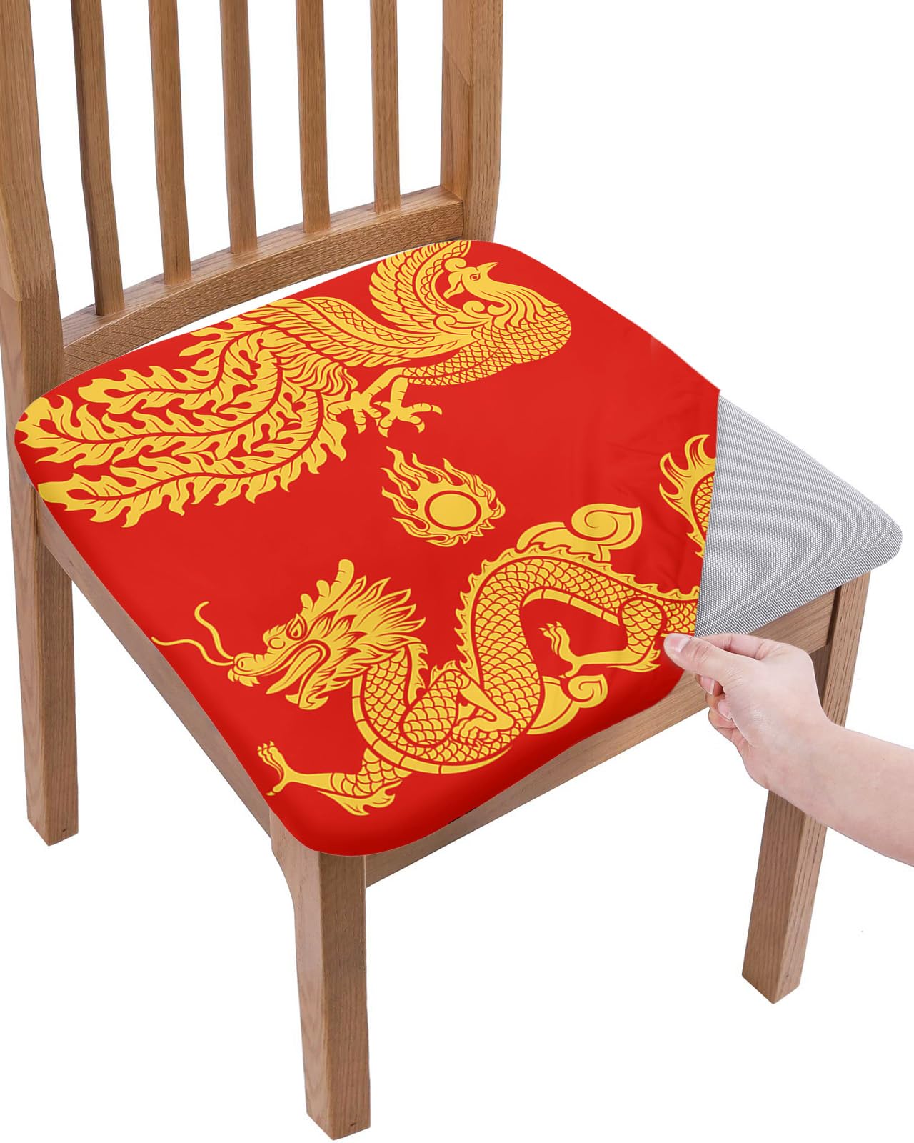 Oriental Dragon Chair Seat Covers for Dining Room Stretch Chair Seat Covers Set of 2, Chair Seat Protector Cushion Slipcovers for Kitchen Restaurant Office Traditional Chinese Happy New Year Red