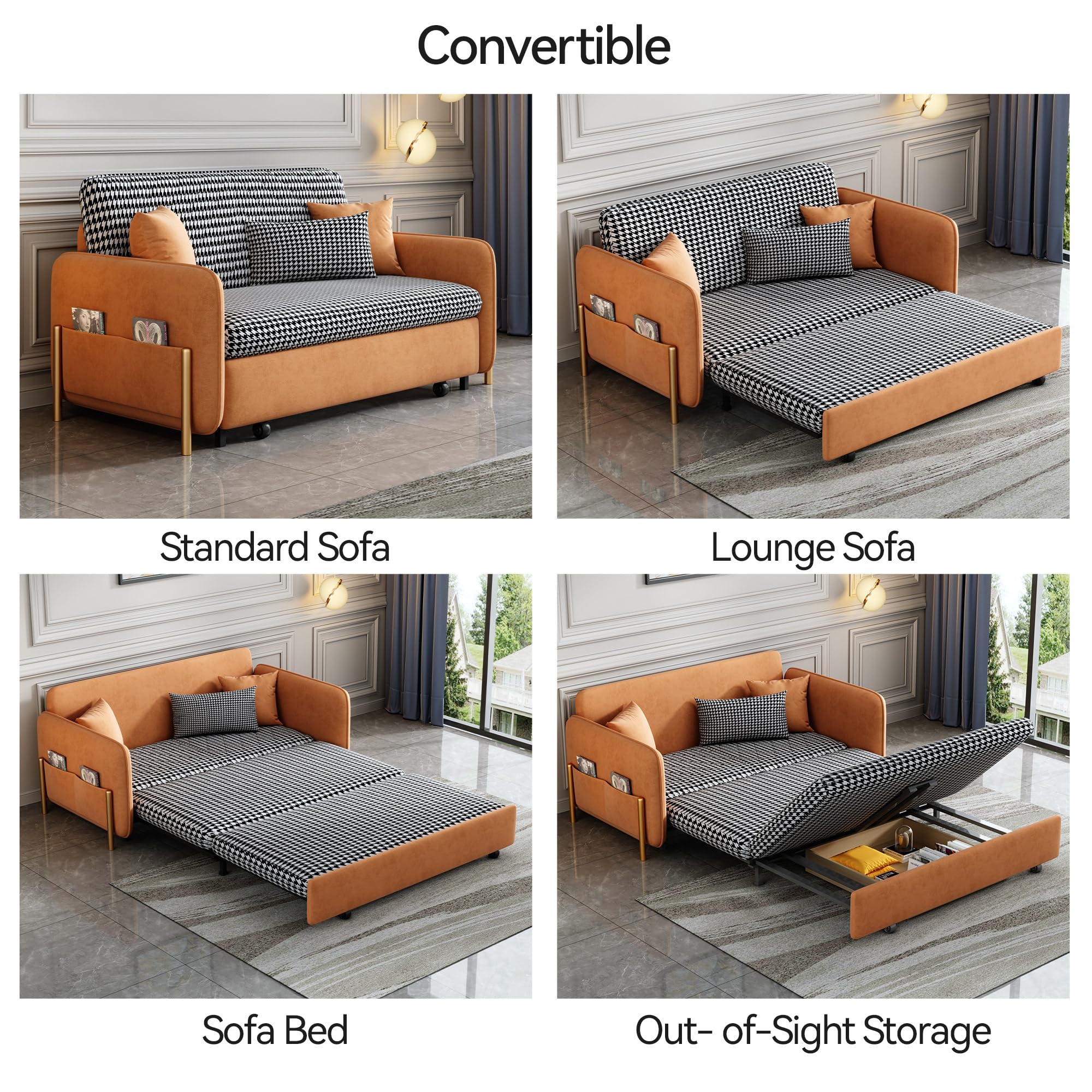 53.5" Full Sleeper Sofa Orange Upholstered Convertible Sofa Bed 3 in 1 Sleeper Sofa Couch Bed, Small Tufted Velvet Convertible Loveseat Futon Sofa w/Pullout Bed, Multi-Pockets for Living Room