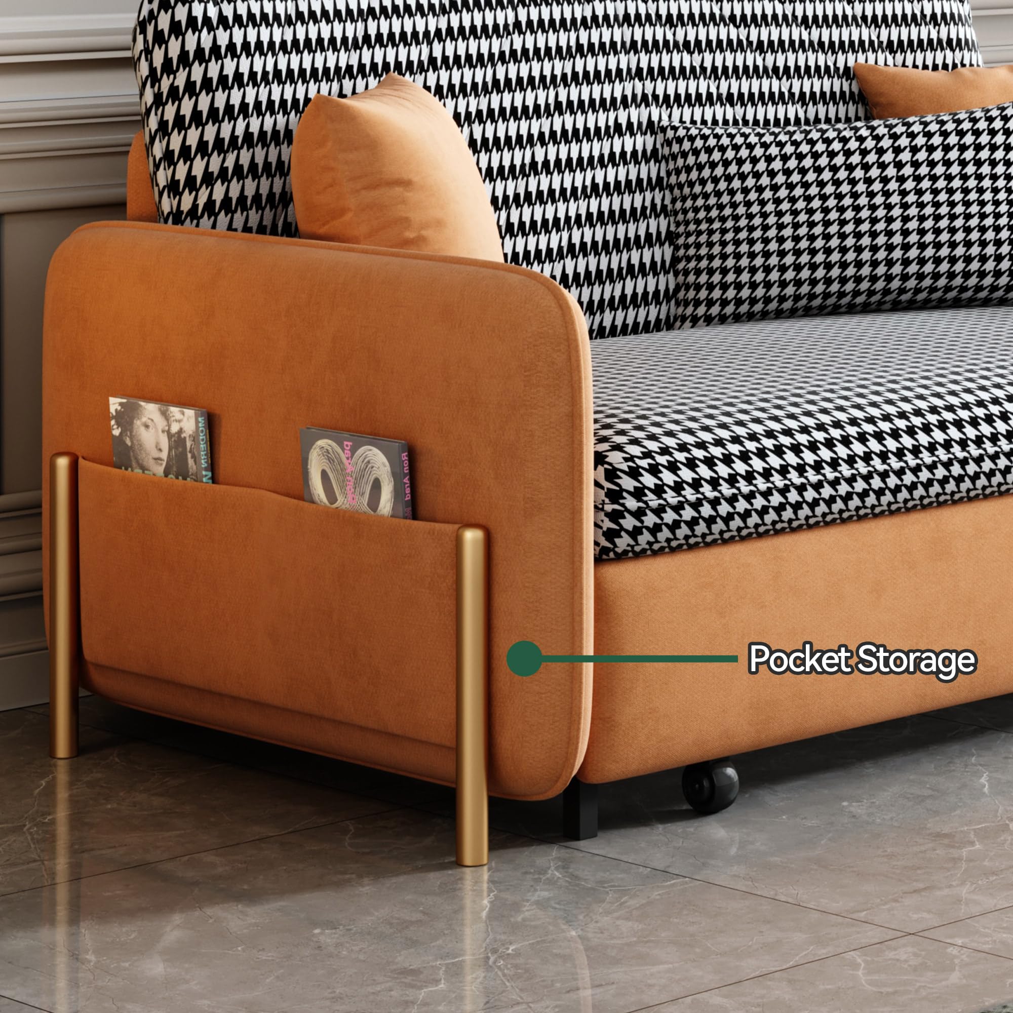53.5" Full Sleeper Sofa Orange Upholstered Convertible Sofa Bed 3 in 1 Sleeper Sofa Couch Bed, Small Tufted Velvet Convertible Loveseat Futon Sofa w/Pullout Bed, Multi-Pockets for Living Room
