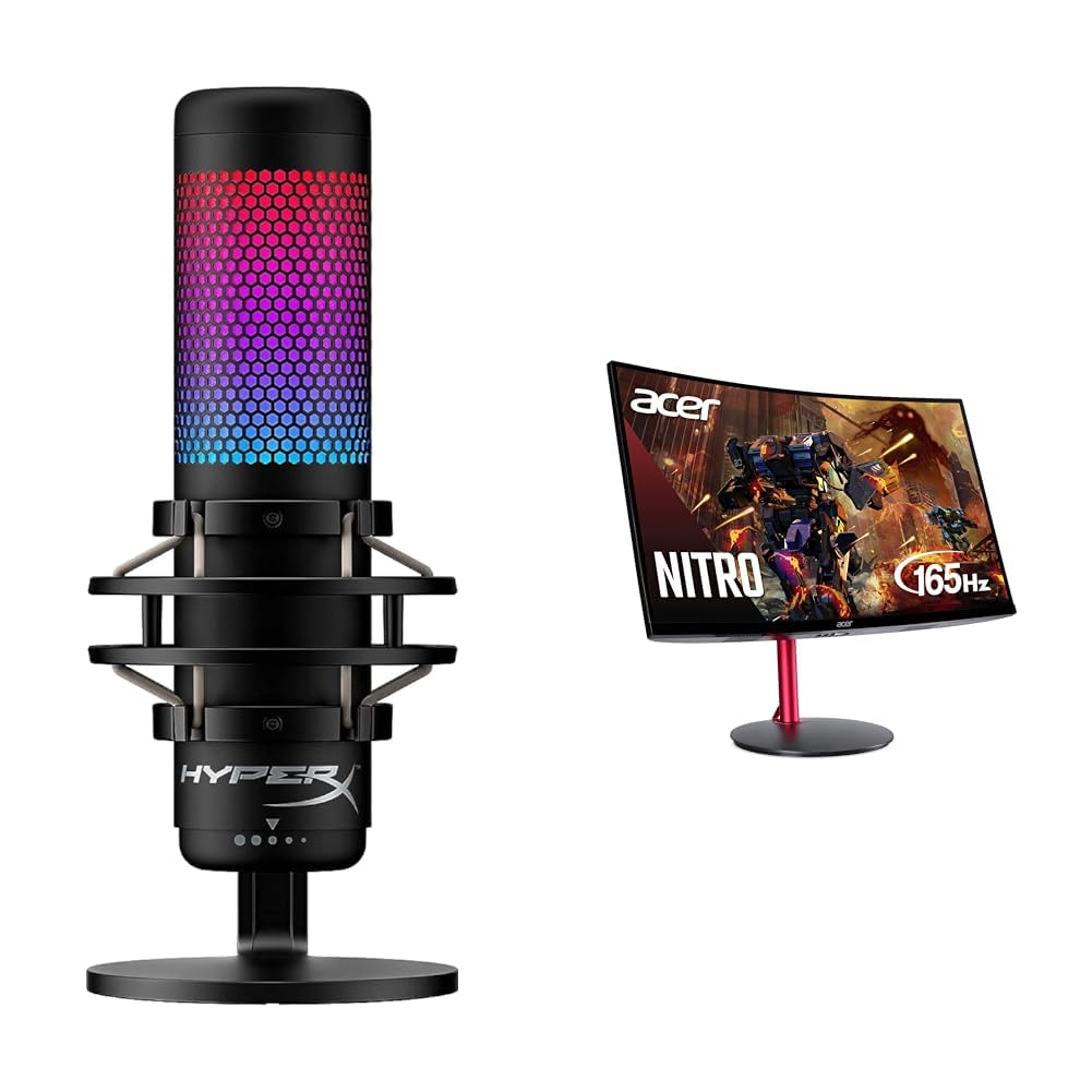 HyperX QuadCast S – RGB USB Condenser Microphone & Nitro by Acer 27" Full HD 1920 x 1080 1500R Curve PC Gaming Monitor | AMD FreeSync Premium