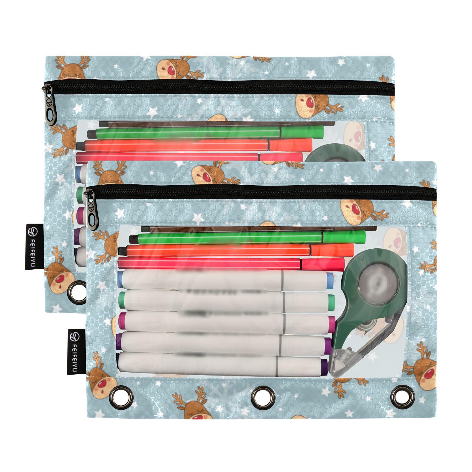 FRODOTGV Christmas Reindeer Snowflake Light Blue Pencil Pouches for 3 Rings Binder Zipper Binder Pockets Clear 3 Hole Binder 2 Pack Pencil Bag