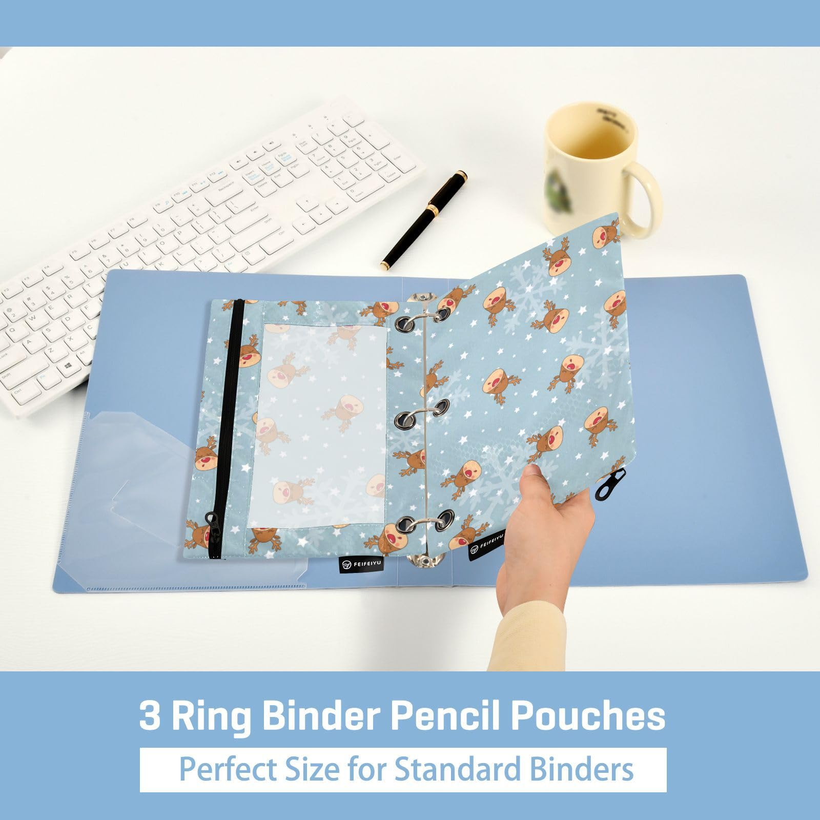FRODOTGV Christmas Reindeer Snowflake Light Blue Pencil Pouches for 3 Rings Binder Zipper Binder Pockets Clear 3 Hole Binder 2 Pack Pencil Bag