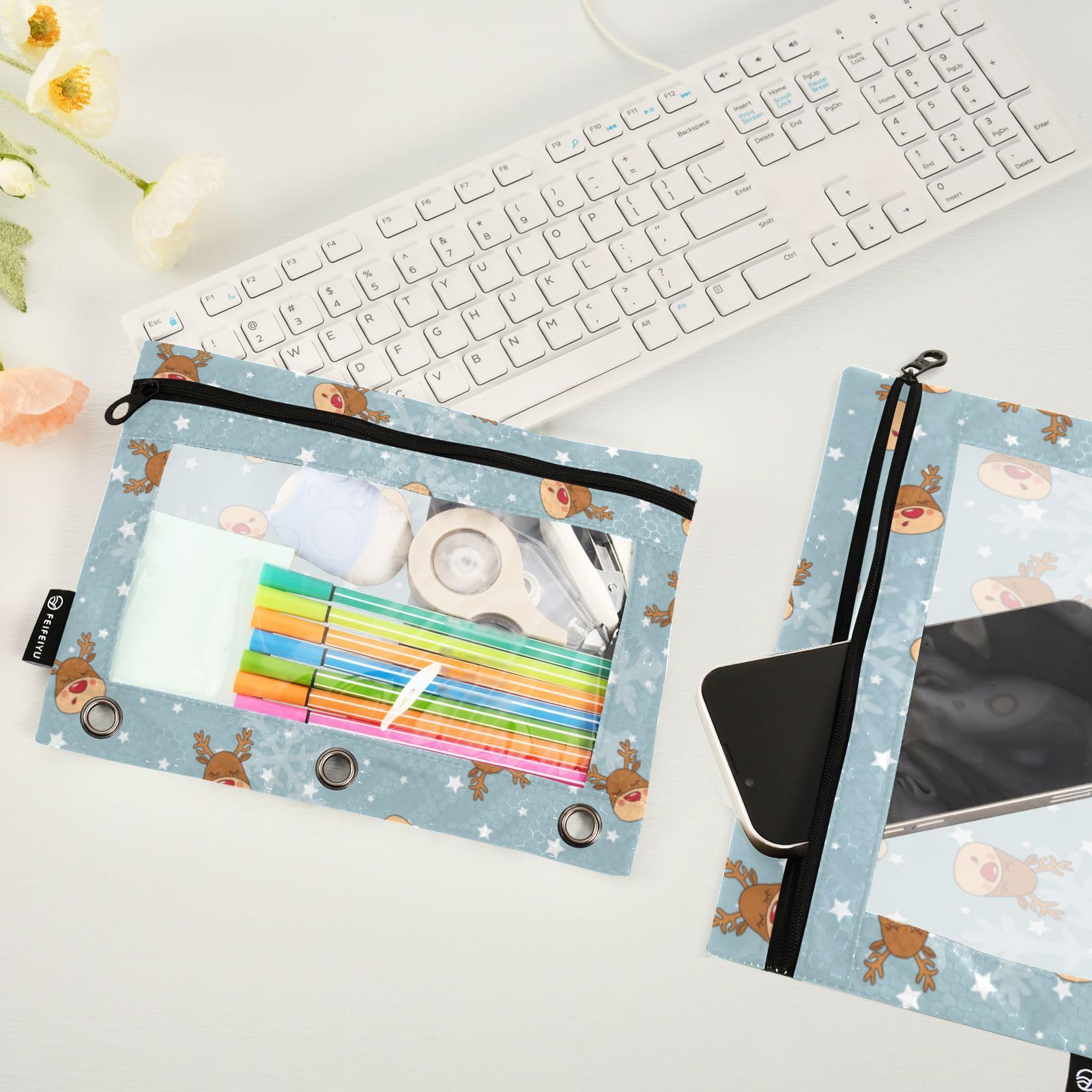 FRODOTGV Christmas Reindeer Snowflake Light Blue Pencil Pouches for 3 Rings Binder Zipper Binder Pockets Clear 3 Hole Binder 2 Pack Pencil Bag