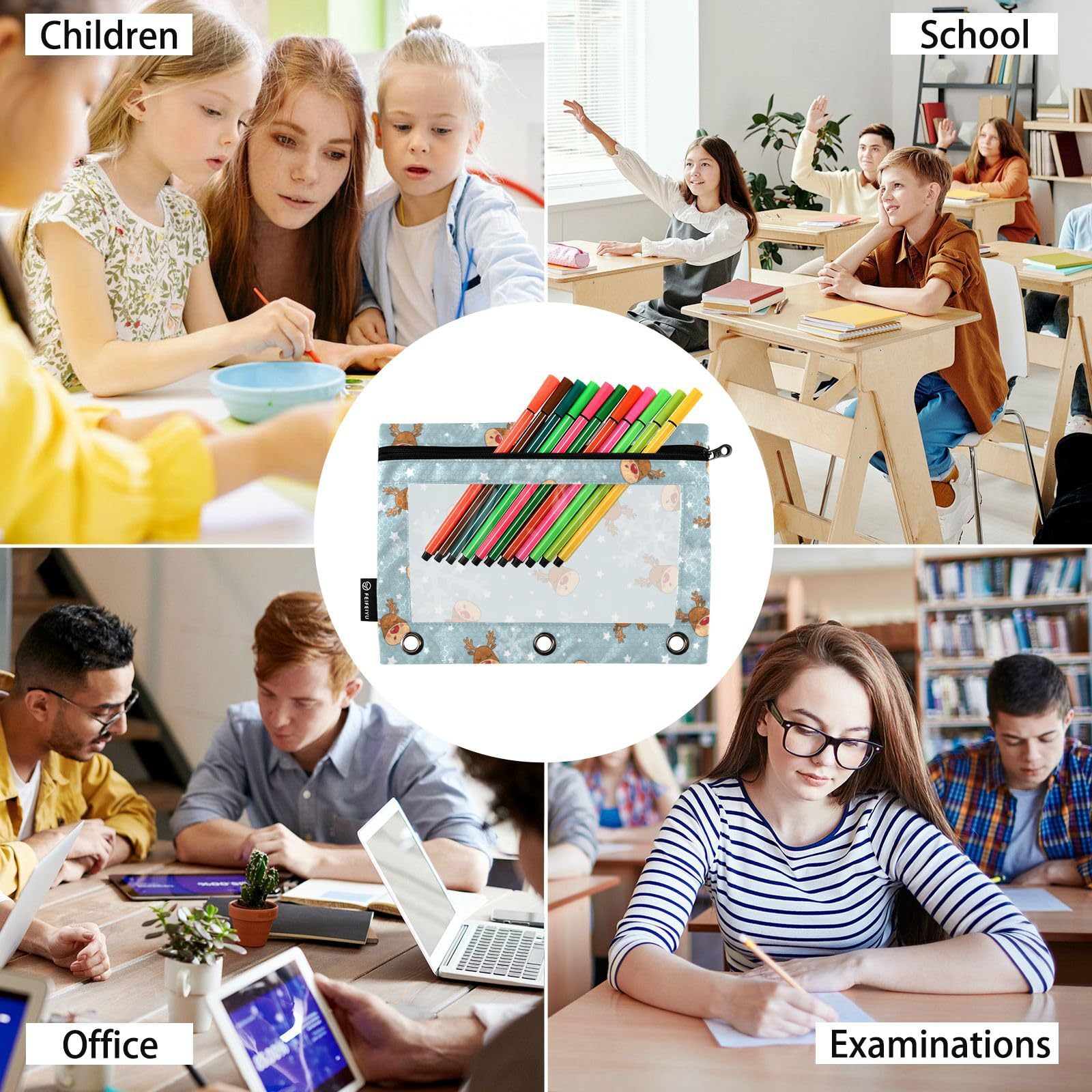 FRODOTGV Christmas Reindeer Snowflake Light Blue Pencil Pouches for 3 Rings Binder Zipper Binder Pockets Clear 3 Hole Binder 2 Pack Pencil Bag