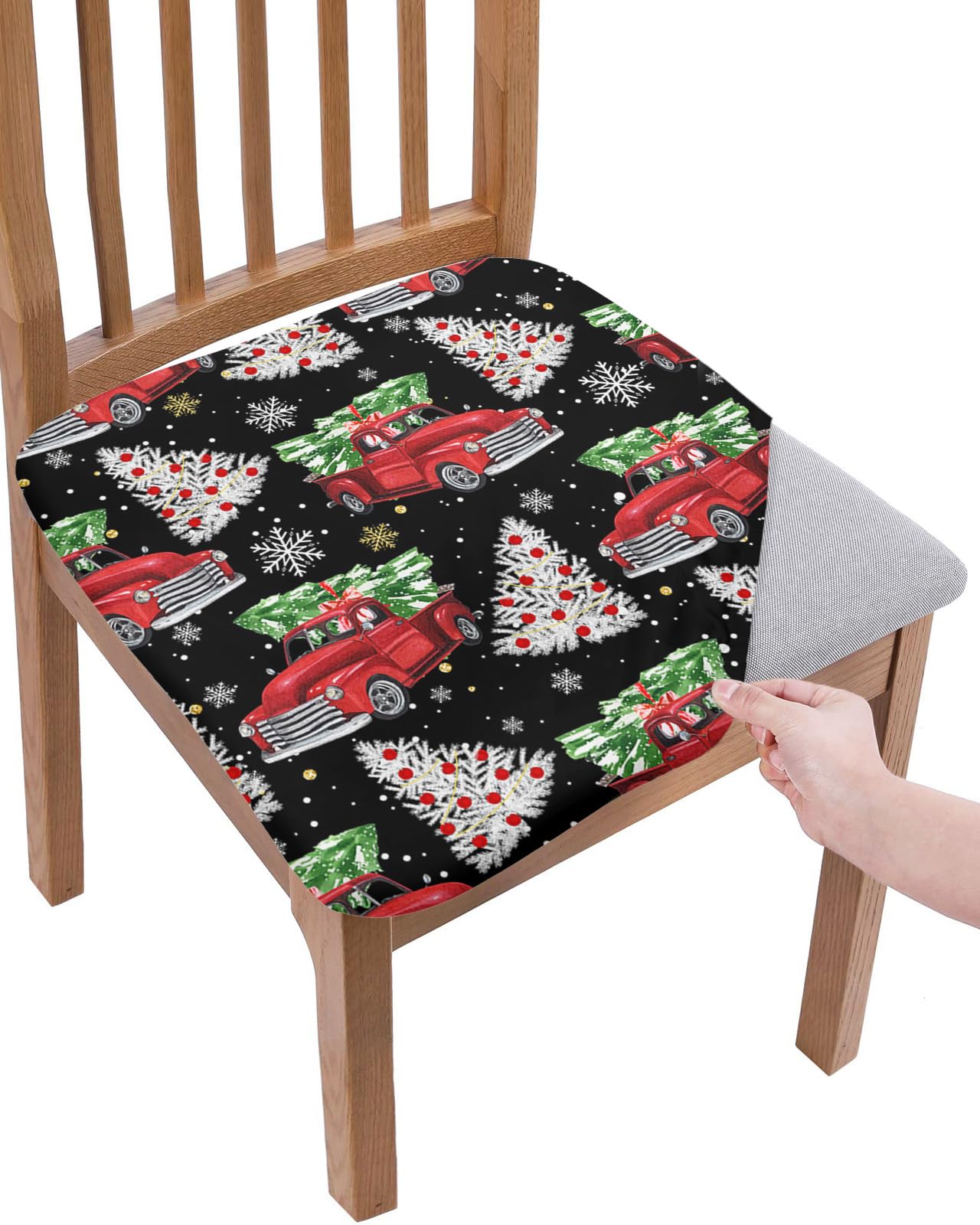 ZOE GARDEN Christmas Red Car Chair Seat Covers for Dining Room Stretch Chair Seat Covers Set of 4, Chair Seat Protector Cushion Slipcovers for Kitchen Restaurant Office Xmas Pine Tree Snowflake Black
