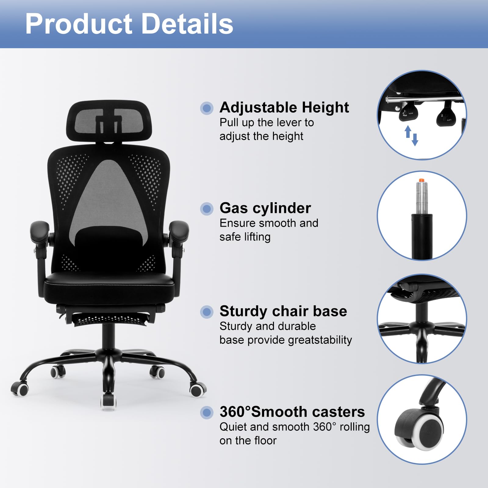Ergonomic Office Chair, Reclining High Back Home Office Desk Chairs with Adjustable Lumbar Support Swivel Computer Gaming Chair with Headrest Footrest,PU Leather Executive Task Chair, Black