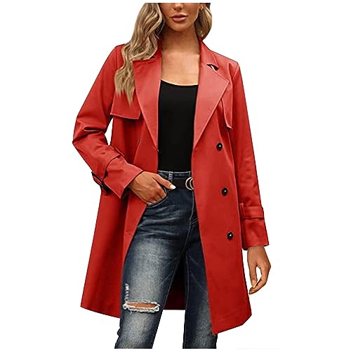 Black Trench Coat Women, Fashion Casual Double Breasted Long Sleeve Coat With Belt Fur For Women Faux Coat Fall 2023 Womens Coat Puffy Jackets Short, Packable Jacket (XL, Red)
