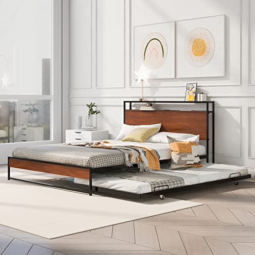 SOFTSEA Queen Size Metal Platform Bed Frame with Trundle, Metal Bed Frame with USB Ports, Queen Trundle Bed with Storage Headboard Metal Panel Bed with Shelf for Bedroom Guestroom, Black
