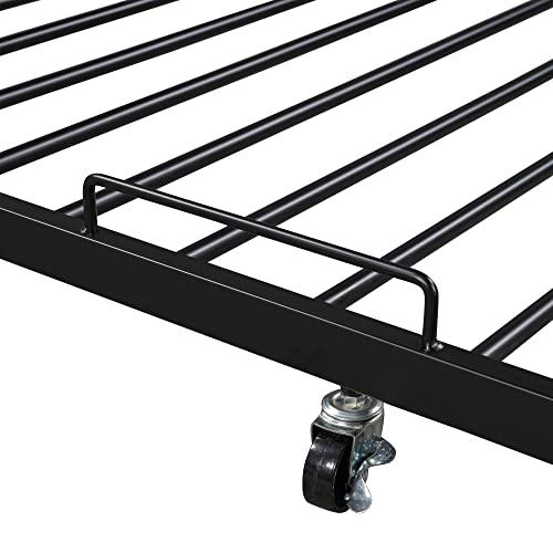 SOFTSEA Queen Size Metal Platform Bed Frame with Trundle, Metal Bed Frame with USB Ports, Queen Trundle Bed with Storage Headboard Metal Panel Bed with Shelf for Bedroom Guestroom, Black