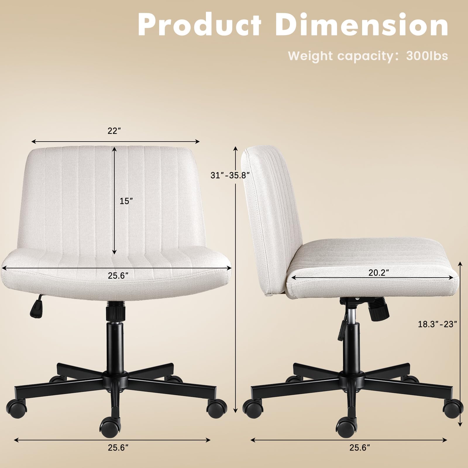 LEMBERI Criss Cross Chair with Wheels, Fabric Padded Armless Wide Seat Cross Legged Office Chair, Mid Back Swivel Computer Task Vanity Chairs for Home, Make Up,Small Space, Bed Room(Beige)