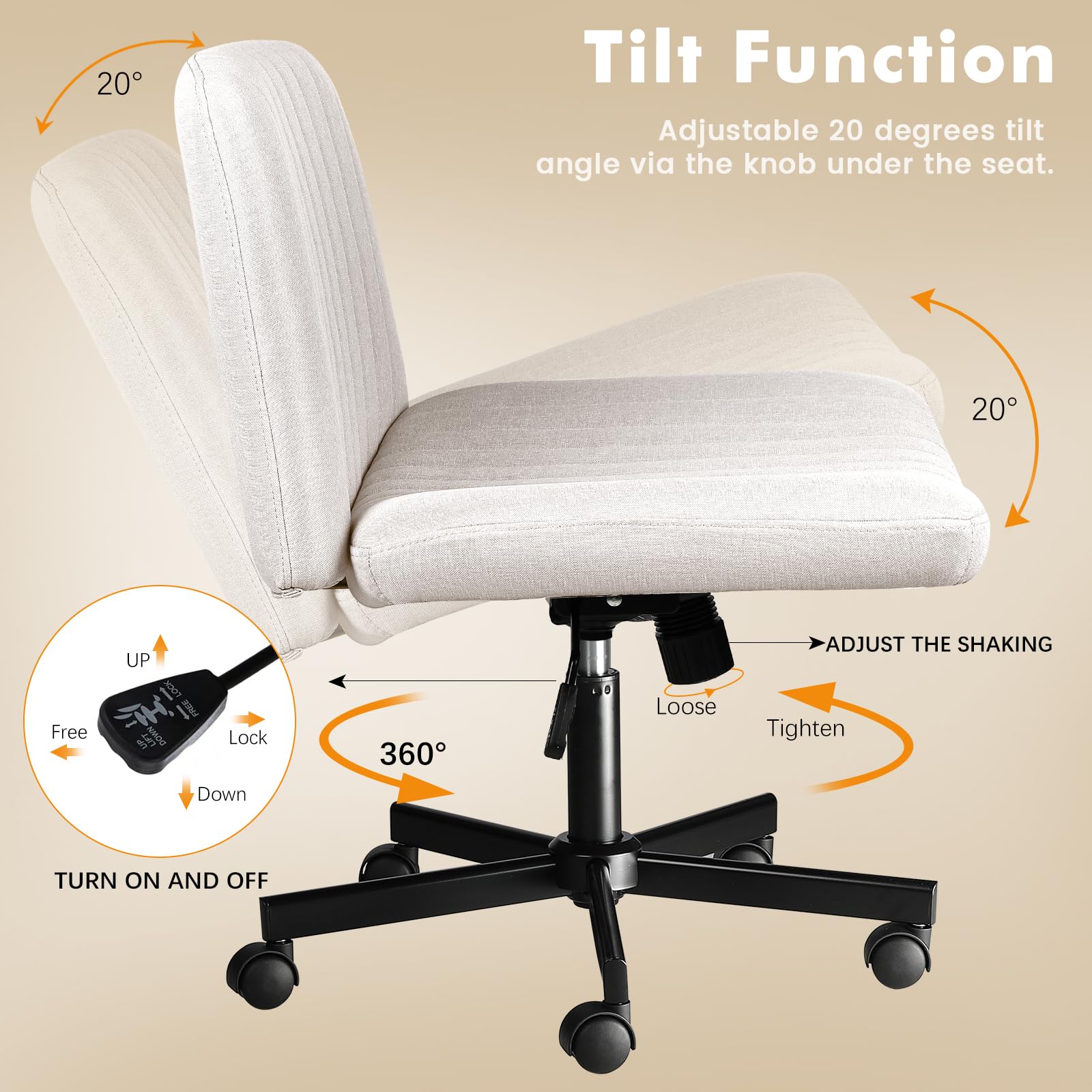 LEMBERI Criss Cross Chair with Wheels, Fabric Padded Armless Wide Seat Cross Legged Office Chair, Mid Back Swivel Computer Task Vanity Chairs for Home, Make Up,Small Space, Bed Room(Beige)