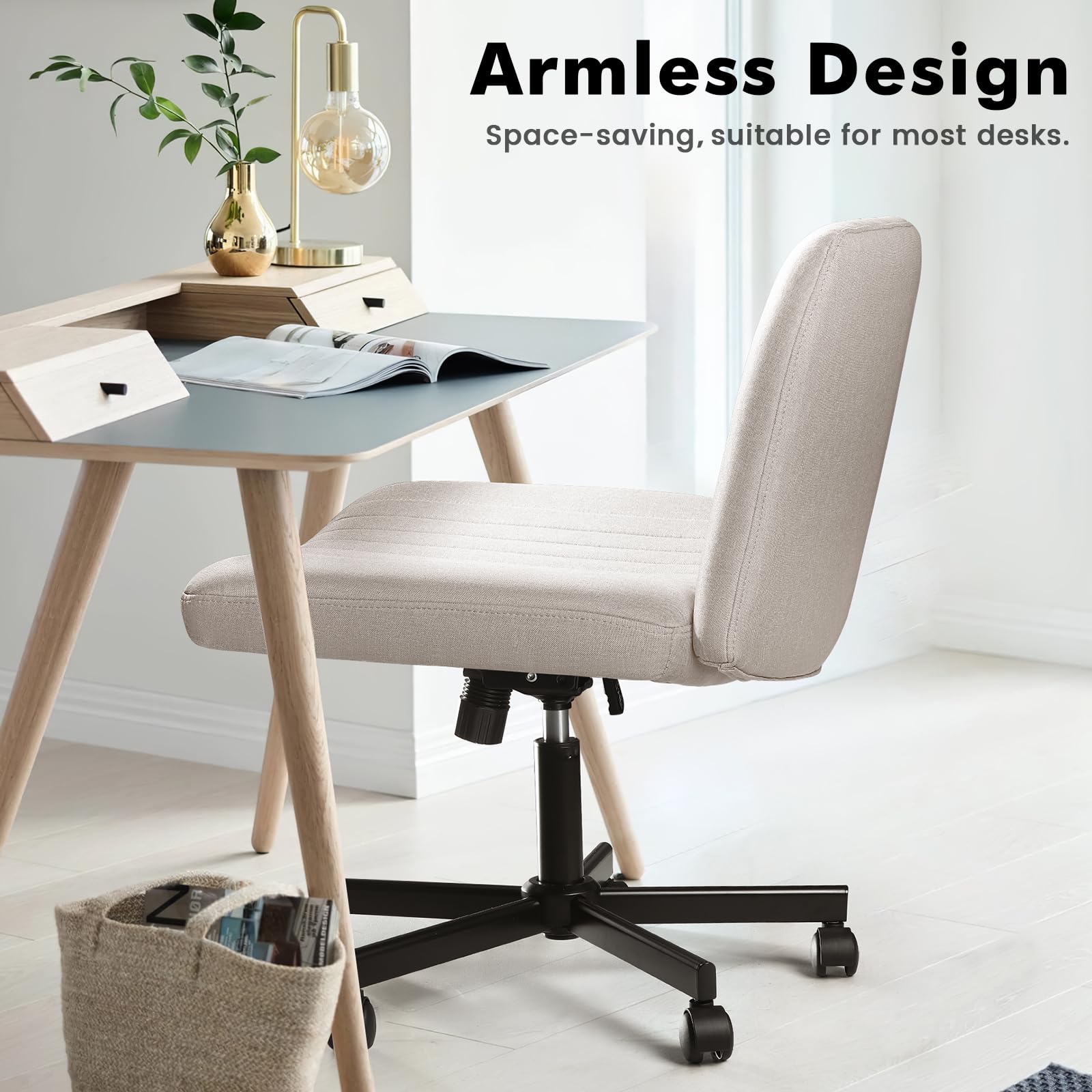 LEMBERI Criss Cross Chair with Wheels, Fabric Padded Armless Wide Seat Cross Legged Office Chair, Mid Back Swivel Computer Task Vanity Chairs for Home, Make Up,Small Space, Bed Room(Beige)