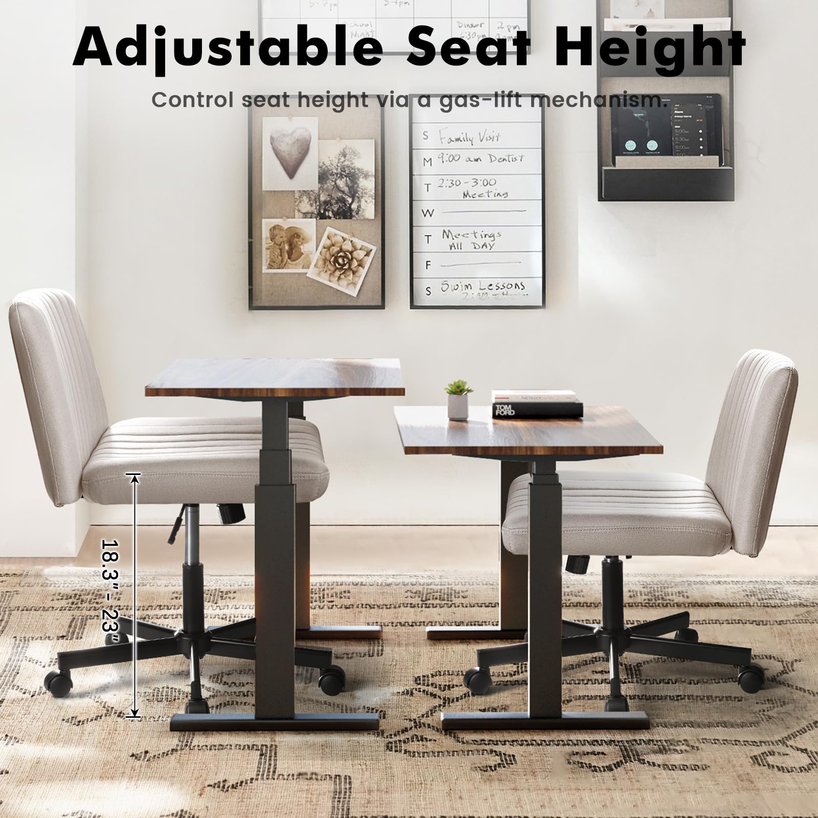 LEMBERI Criss Cross Chair with Wheels, Fabric Padded Armless Wide Seat Cross Legged Office Chair, Mid Back Swivel Computer Task Vanity Chairs for Home, Make Up,Small Space, Bed Room(Beige)
