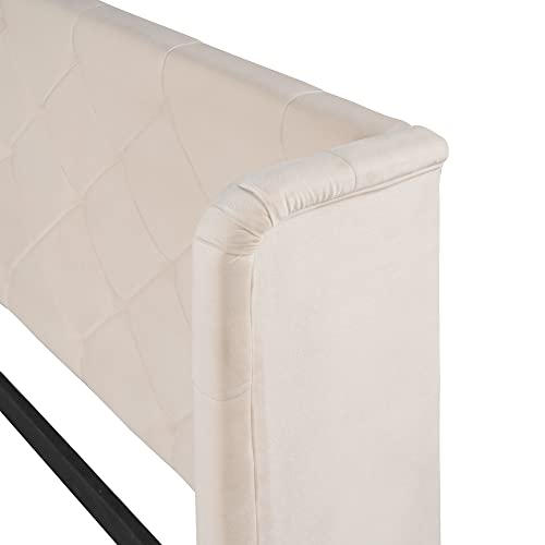 HBRR Queen Size Platform Bed Frame with Wingback Headboard and a Big Drawer, Velvet Upholstered Storage Bed, Wooden Slats Support, No Box Spring Needed, Easy to Assemble, Beige