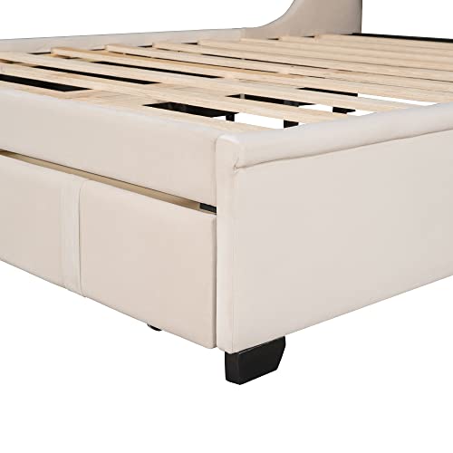 HBRR Queen Size Platform Bed Frame with Wingback Headboard and a Big Drawer, Velvet Upholstered Storage Bed, Wooden Slats Support, No Box Spring Needed, Easy to Assemble, Beige