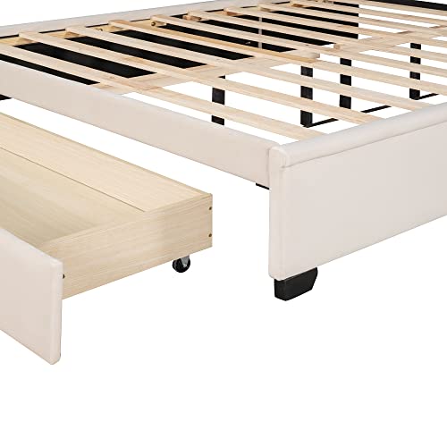 HBRR Queen Size Platform Bed Frame with Wingback Headboard and a Big Drawer, Velvet Upholstered Storage Bed, Wooden Slats Support, No Box Spring Needed, Easy to Assemble, Beige