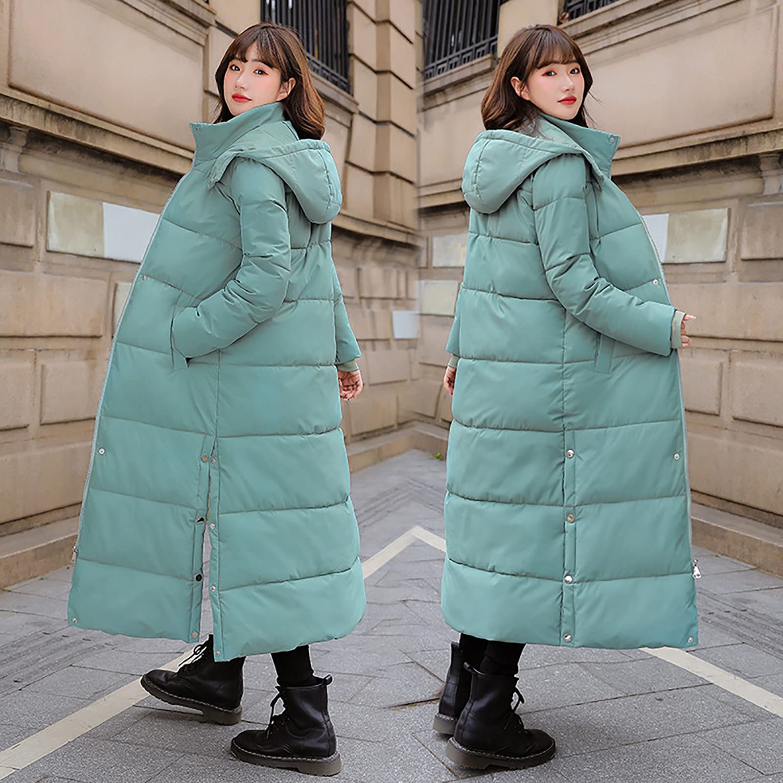 SMIDOW promo codes for today Women's Long Quilted Coat Fashion Ladies Maxi Length Winter Thickened Hooded Puffer Jacket Side Slit Button Outwear womens long winter coat Green 2X