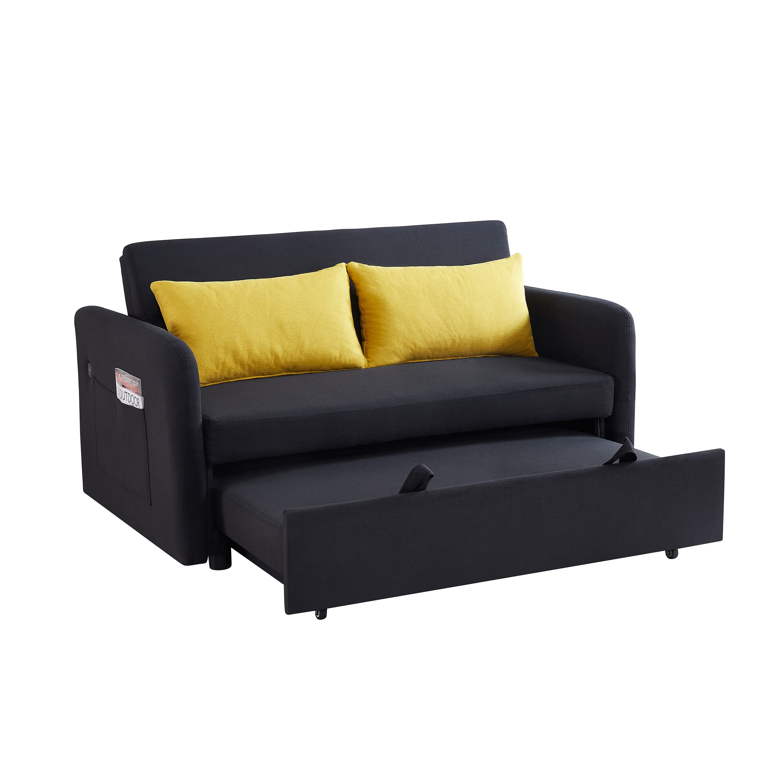 Myshle, Convertible Loveseat Bed Mid-Century Modern Sleeper, Twin Floor Gaming Couch,Upholstered Fabric Futon Living Room,Foldable Lazy Recliner Sofa,Black