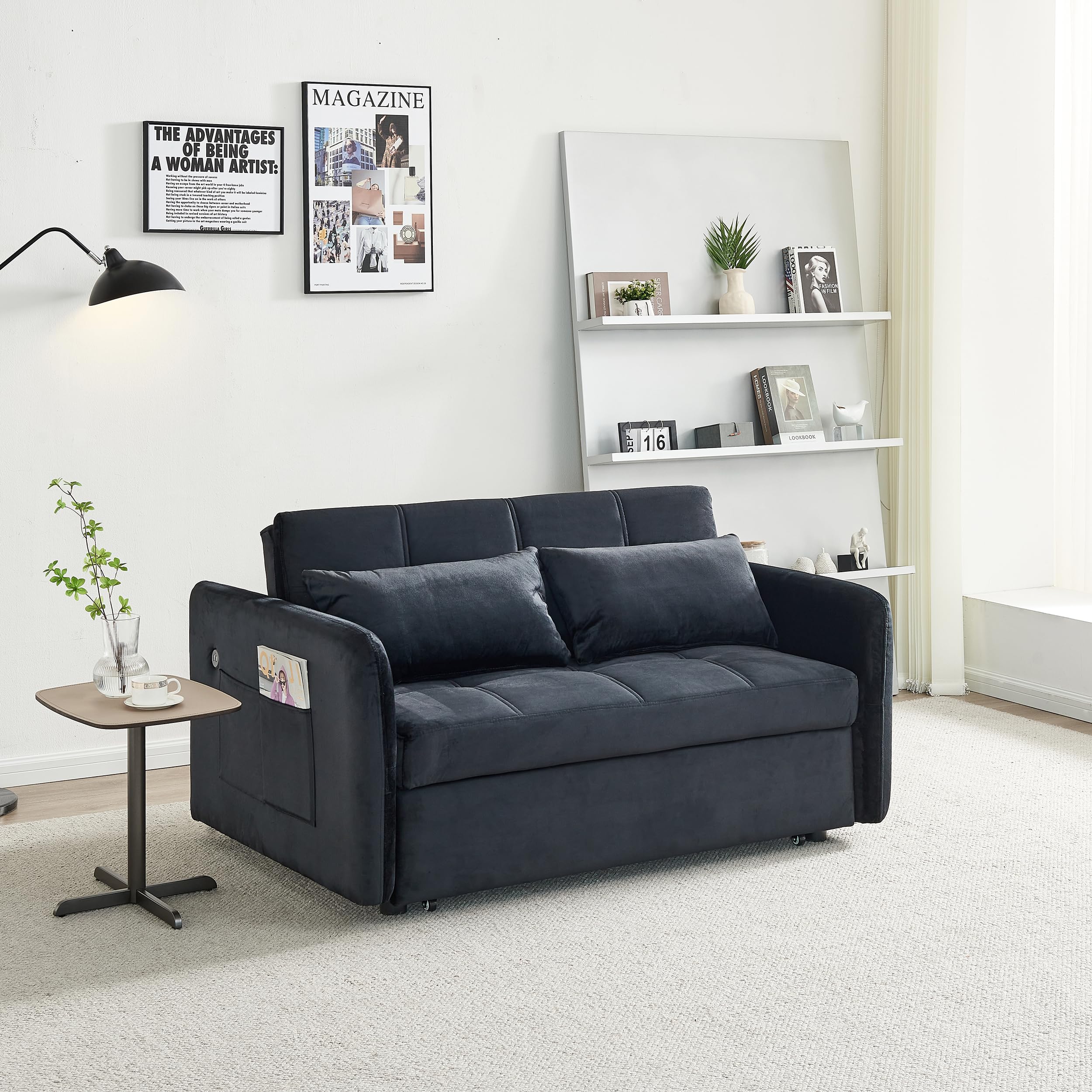 Myshle 55" Pull, Modern Velvet Convertible Adjustable Backrest Sleeper, Small Loveseat Sofa Bed with Two Pillows and Side Pockets for Living Room, Apartment,Black