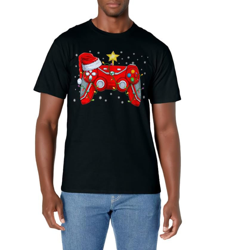 Funny Boys Christmas Shirts Video Game Santa Hat Gamer Xmas T-Shirt