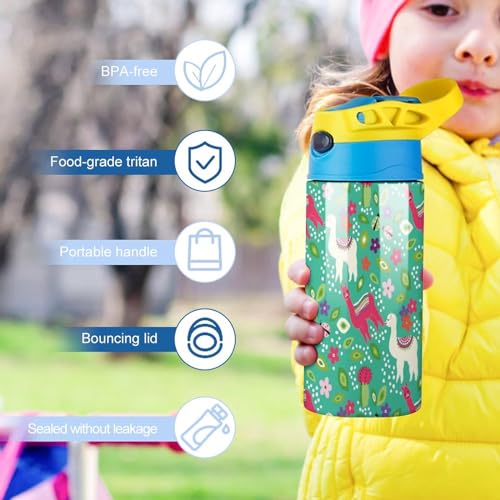 Kids Water Bottle with Straw Lid Cute Llama with Flower Cactus Ladybug Print 12 Oz/350 Ml Stainless Steel Reusable Thermos Bottles