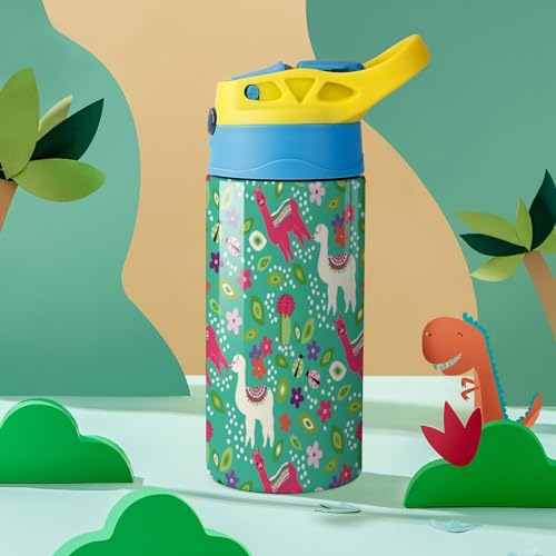 Kids Water Bottle with Straw Lid Cute Llama with Flower Cactus Ladybug Print 12 Oz/350 Ml Stainless Steel Reusable Thermos Bottles