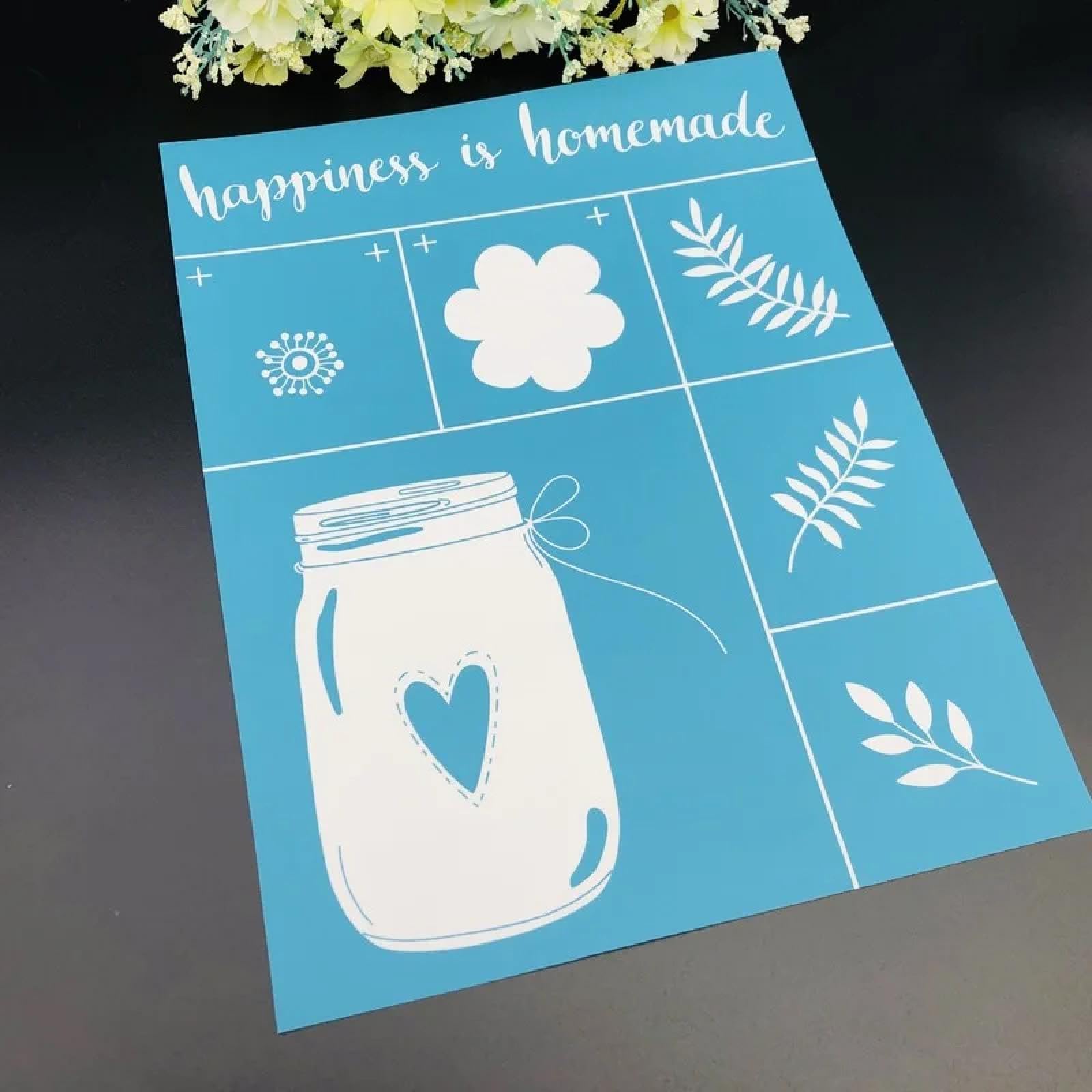 MANGOUSONG Screen Printing Kit,22x28cm Happiness is Homemade Mesh Screen Stencils Self-Adhesive Silk Screen Printing Stencil Canvas Bag Print Washable