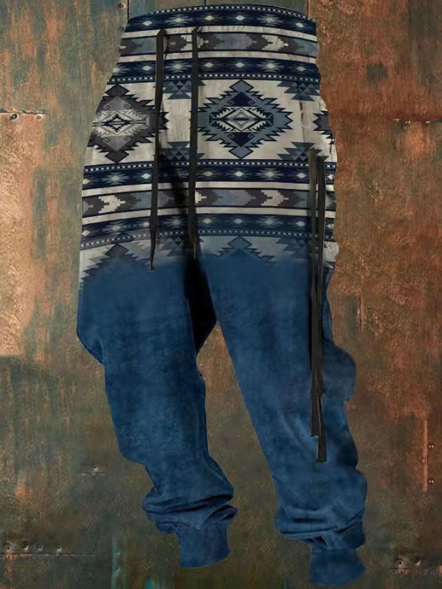 PORCLAY Aztec Geometry Pattern Men's Sweatpants Lightweight Fun Jogging Pants with Elastic Waistband Great for Sports Blue XL