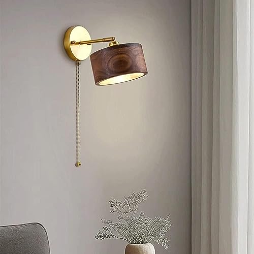 VUCICA Modern Simple Wall Lamp Adjustable Bedside Wall Sconce Walnut Wall Light with Pull Cord Switch E27 Lighting Fixture for Living Room Study Office Homestay