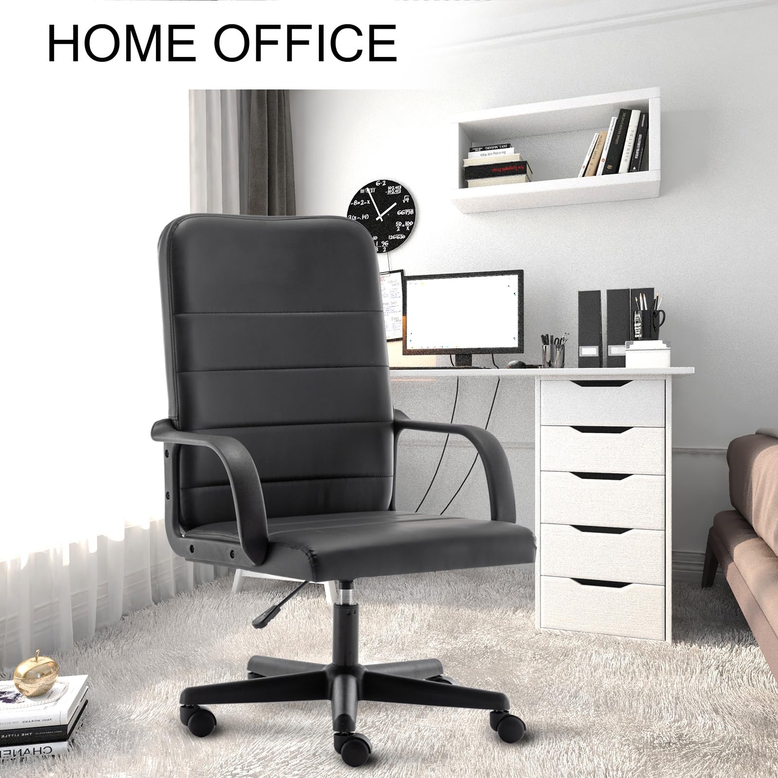 Black Office Desk Chair Set of 2 Leather Home Office Chair Ergonomics Computer Desk Chairs Comfortable Office Chair with Wheels Arm for Executive Task Work and Student