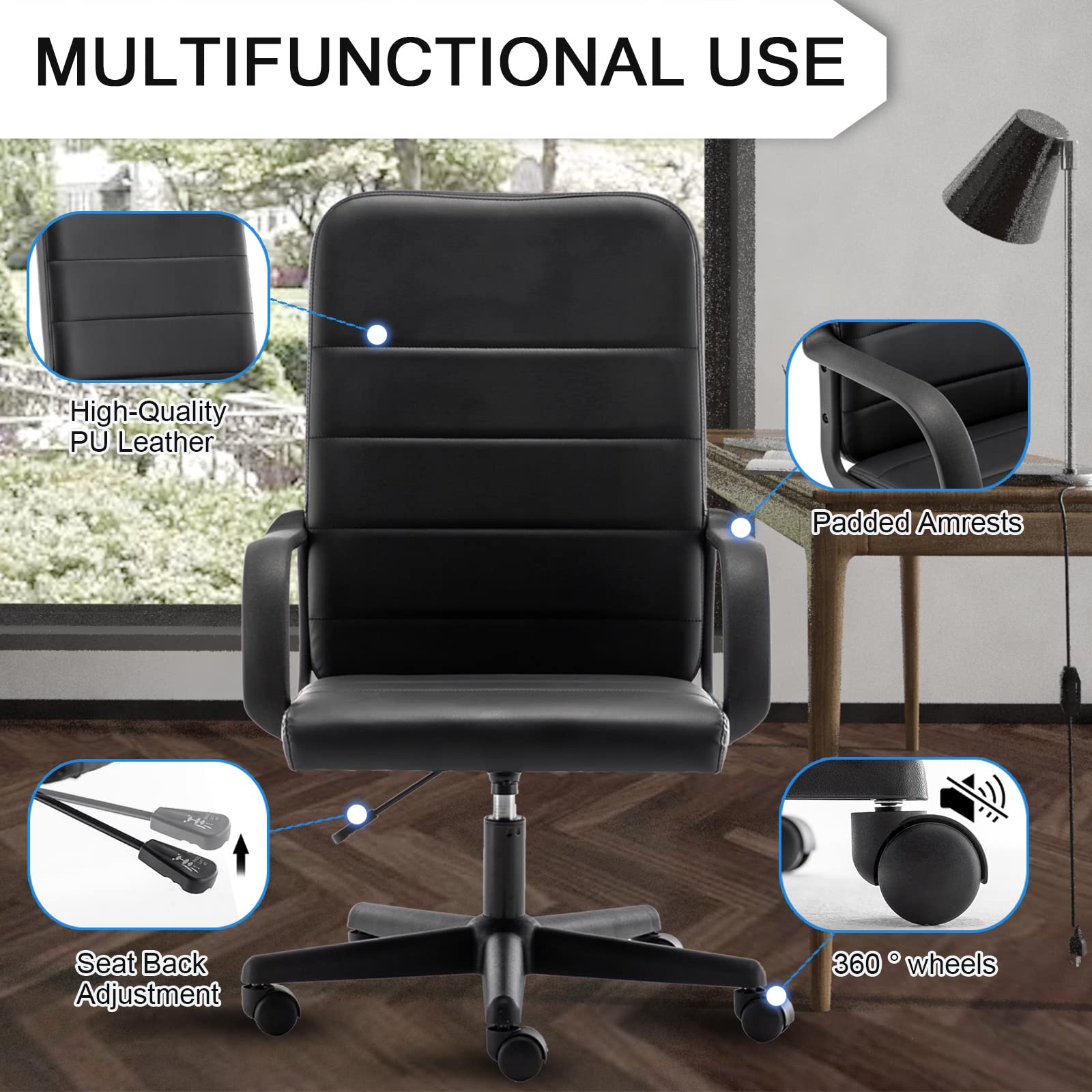Black Office Desk Chair Set of 2 Leather Home Office Chair Ergonomics Computer Desk Chairs Comfortable Office Chair with Wheels Arm for Executive Task Work and Student