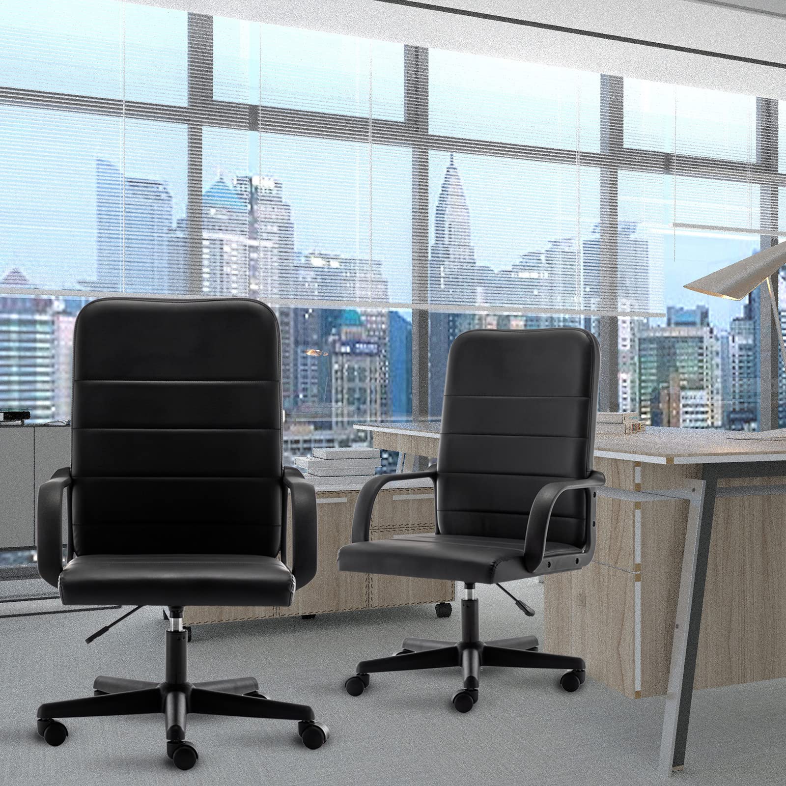 Black Office Desk Chair Set of 2 Leather Home Office Chair Ergonomics Computer Desk Chairs Comfortable Office Chair with Wheels Arm for Executive Task Work and Student