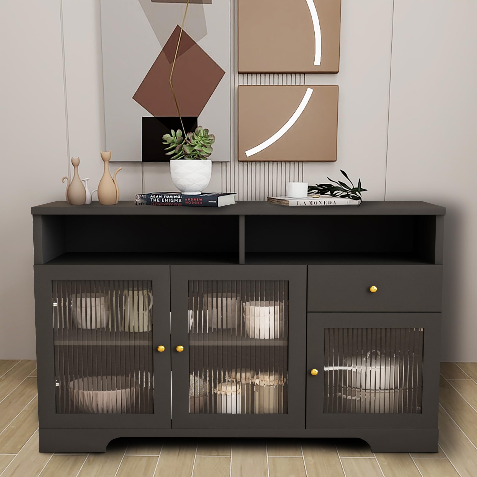 Kitchen Buffet Sideboard, Cabinet Storage Buffet Cabinet with Storage 46” 3 Glass Door and Adjustable Shelves, Modern Sideboard Wood Coffee Bar Cabinet