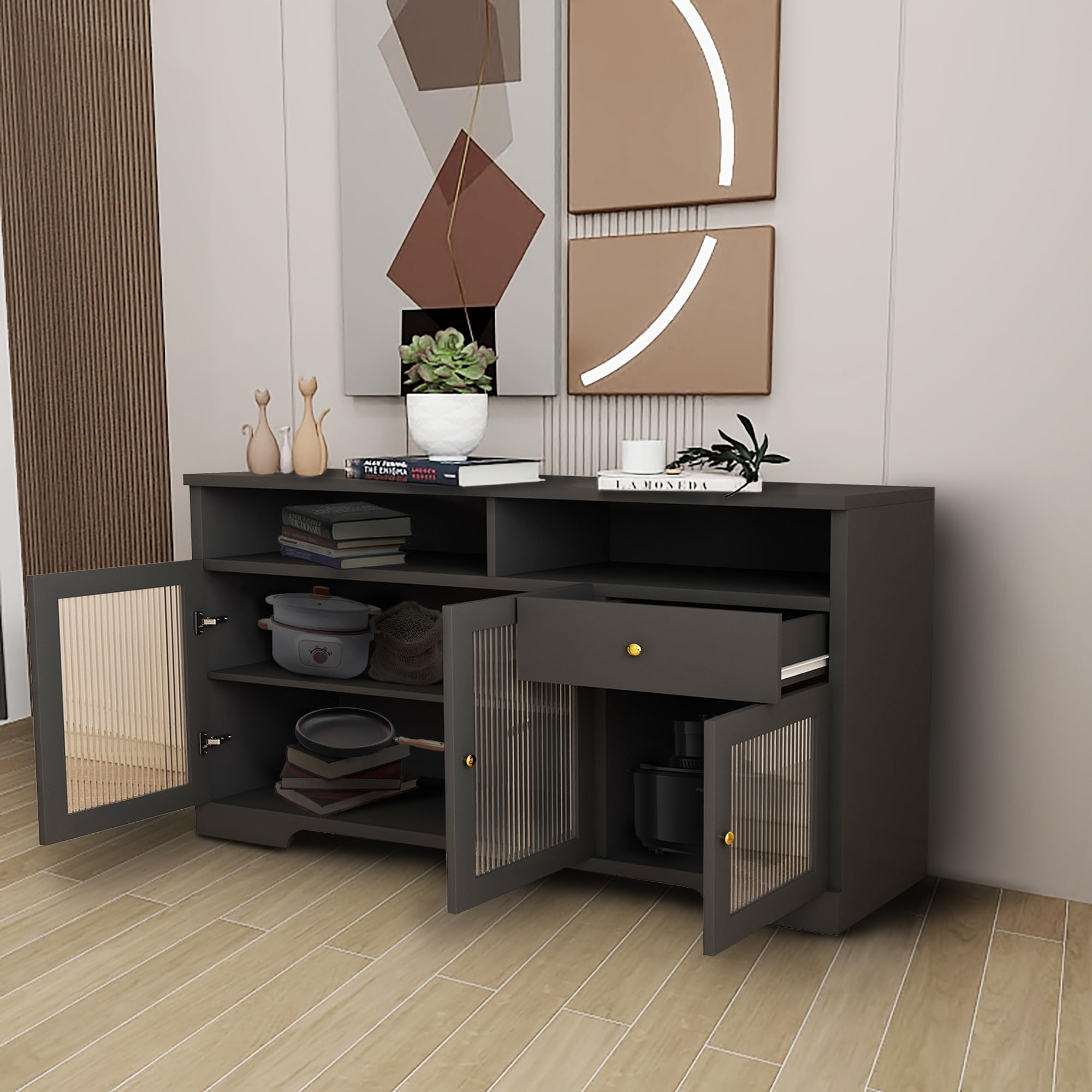 Kitchen Buffet Sideboard, Cabinet Storage Buffet Cabinet with Storage 46” 3 Glass Door and Adjustable Shelves, Modern Sideboard Wood Coffee Bar Cabinet