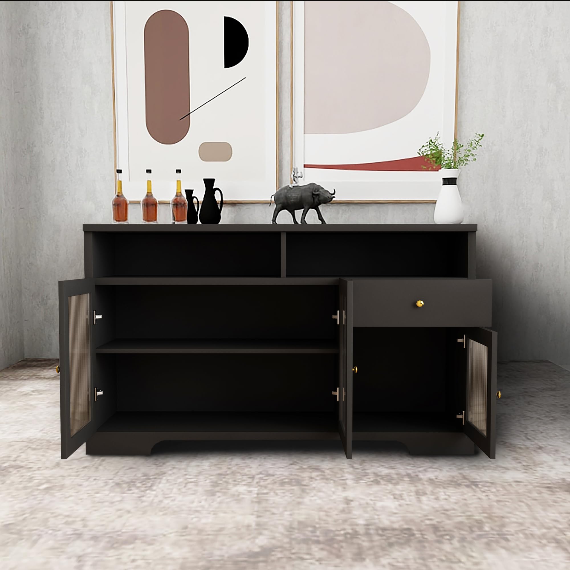 Kitchen Buffet Sideboard, Cabinet Storage Buffet Cabinet with Storage 46” 3 Glass Door and Adjustable Shelves, Modern Sideboard Wood Coffee Bar Cabinet