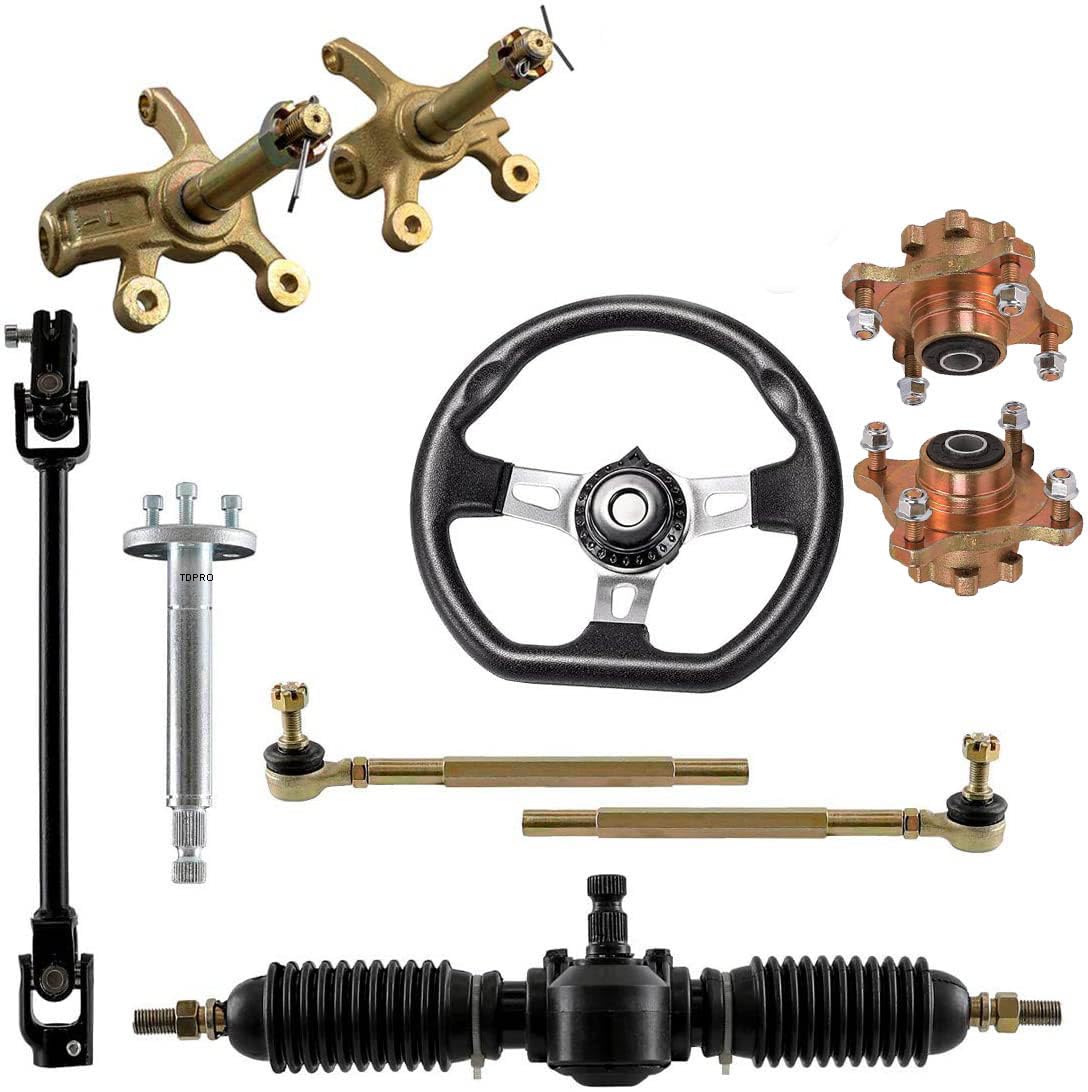 YC Yier Front Steering Wheel Tie Rod Kit Gear Rack Pinion Shaft & 4 Stud Wheel Hub Steering Spindle Knuckle DIY Parts for Go Kart Go Cart Golf Cart ATV UTV Buggy Drift Trike 4 Wheeler Dolly Cart