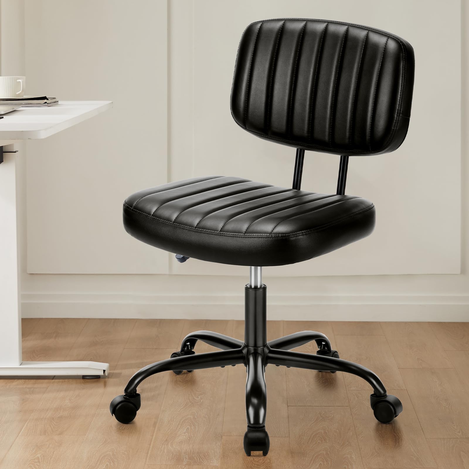 Sweetcrispy Small Office Desk Chair - Armless PU Leather with Comfy Lumbar Support, Height Adjustable Rolling Swivel Task for No Arms, for Adult, Student, Bedroom, Home, Vanity