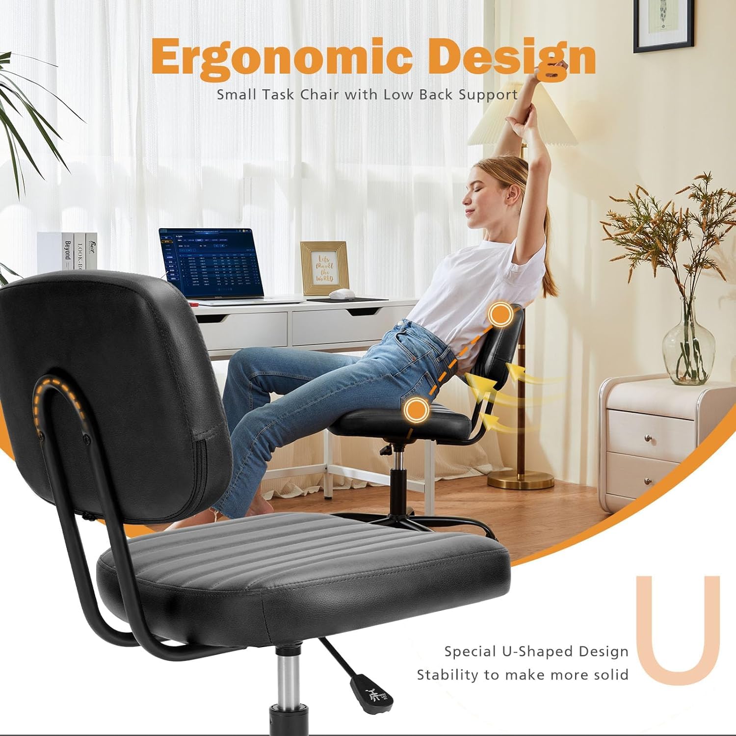 Sweetcrispy Small Office Desk Chair - Armless PU Leather with Comfy Lumbar Support, Height Adjustable Rolling Swivel Task for No Arms, for Adult, Student, Bedroom, Home, Vanity