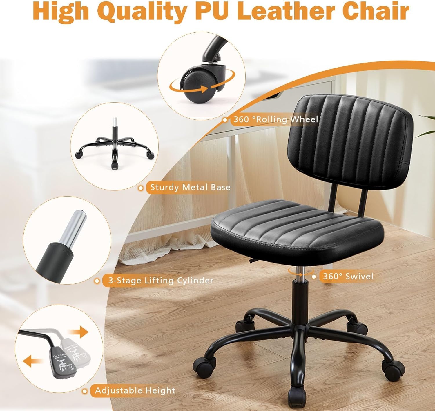 Sweetcrispy Small Office Desk Chair - Armless PU Leather with Comfy Lumbar Support, Height Adjustable Rolling Swivel Task for No Arms, for Adult, Student, Bedroom, Home, Vanity