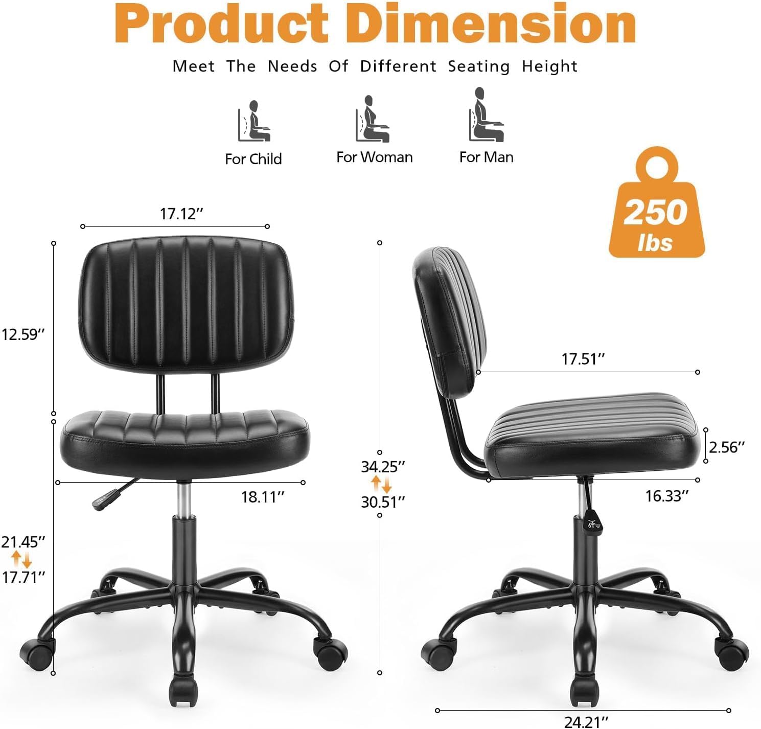 Sweetcrispy Small Office Desk Chair - Armless PU Leather with Comfy Lumbar Support, Height Adjustable Rolling Swivel Task for No Arms, for Adult, Student, Bedroom, Home, Vanity