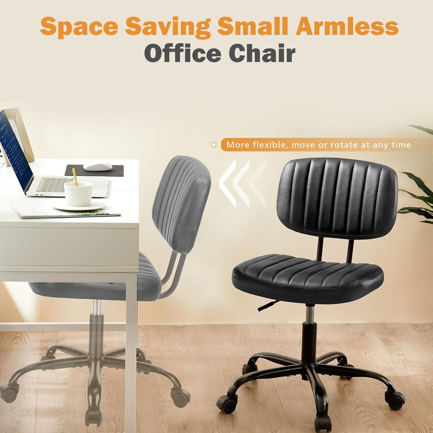 Sweetcrispy Small Office Desk Chair - Armless PU Leather with Comfy Lumbar Support, Height Adjustable Rolling Swivel Task for No Arms, for Adult, Student, Bedroom, Home, Vanity